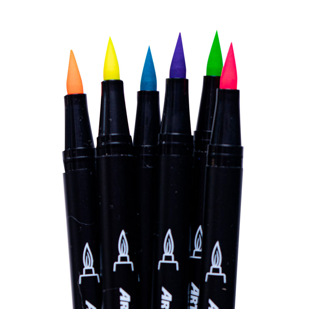 Artesco Plumones Doble Punta Neón Brush Blíster 6 unid - Wong