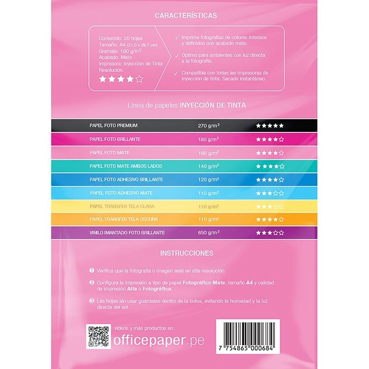Papel Foto Office Paper Mate Mate 180g 20 Hojas A4 - Wong
